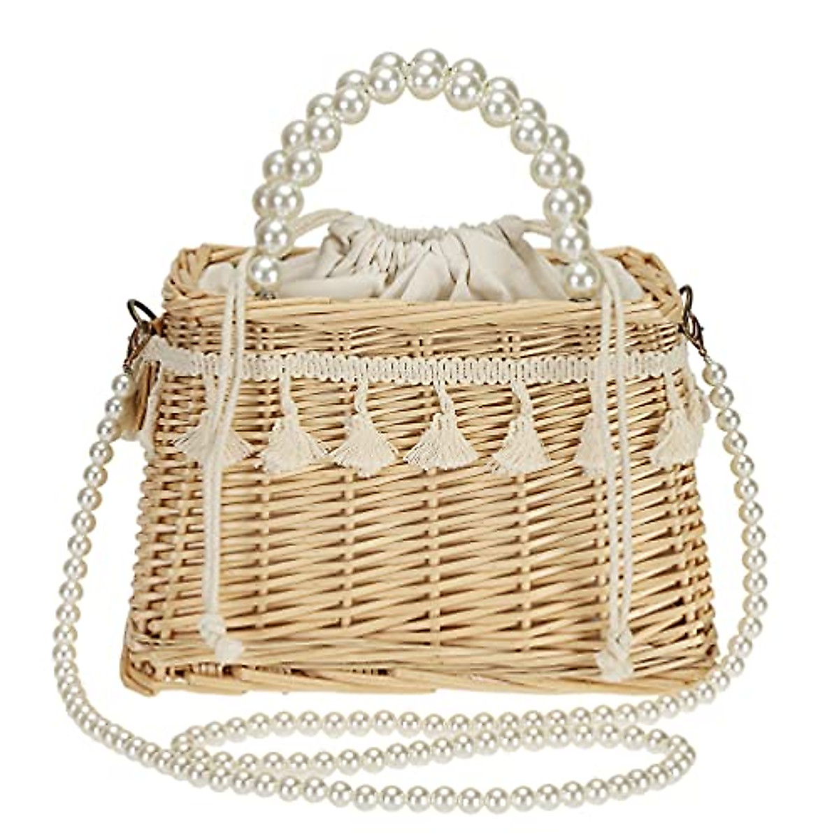 TaiGuri Women's Handmade Rattan Basket Artificial Pearl Woven Purse Handbag Tote Shoulder Bag Beige