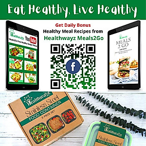 Healthwayz Stainless Steel Food Containers Set of 3 Stackable Lunch Boxes Sandwich Salad Containers for Kids Adults Kitchen Storage Leak Proof BPA-Free Eco Friendly Bonus Recipe eBook & Videos