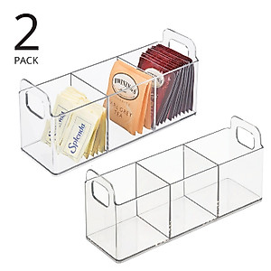 mDesign Plastic Condiment Organizer and Tea Bag Holder - 9" Long Kitchen Pantry/Countertop Storage Caddy - Divided Chip, Snack, Granola, Oatmeal Packet Holder - Lumiere Collection - 2 Pack - Clear