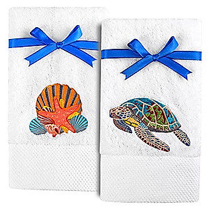 Quera 2 Pack Ocean Hand Towels 100 Percent Cotton Embroidered Premium Luxury Decor Bathroom Decorative Dish Set for Drying, Cleaning, Cooking, 13.7'' x 29.5'', White,Blue