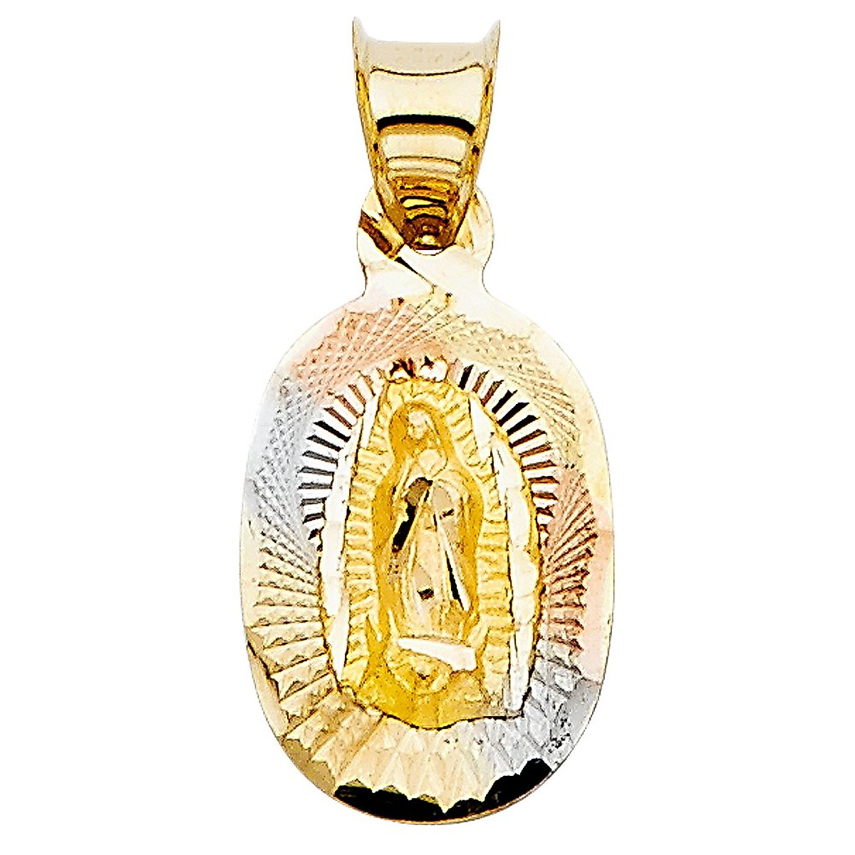Ioka 14K Tri Color Gold Diamond Cut Our Lady of Guadalupe Stamp Charm Pendant with 1.5mm Valentino Chain Necklace - 18"