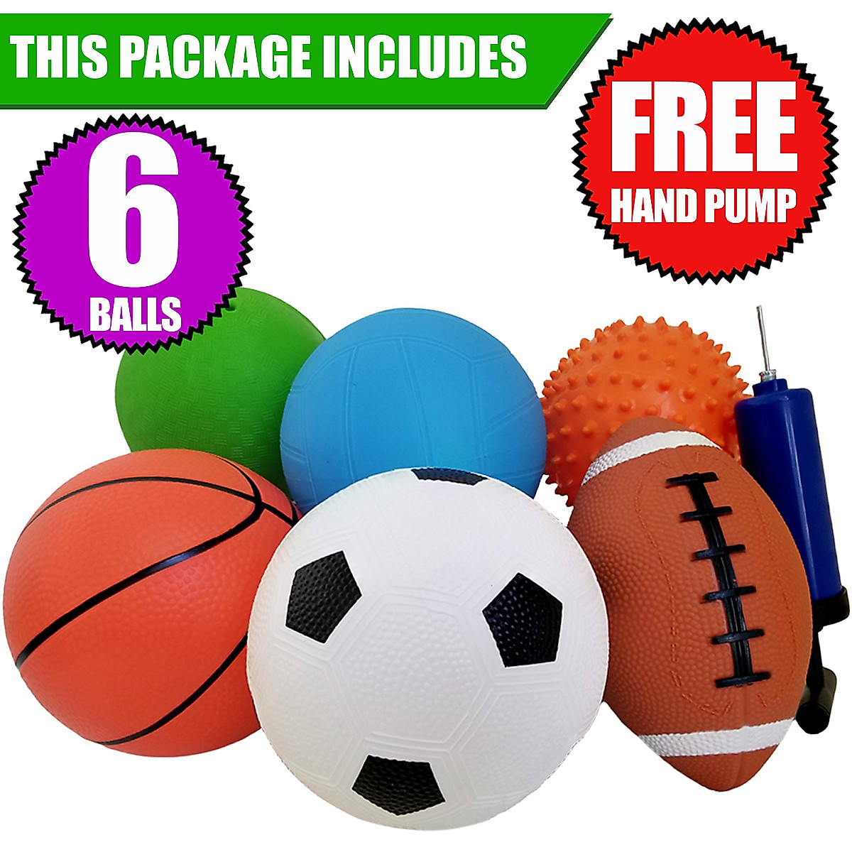 Full Set 6 Sports Balls with 1 Pump 5" Soccer, 5" Basketball, 5" Volleyball, 5" Playground, 5" Knobby Ball, and 6.5" Football - Best Toy Gifts for Kids (Pack of 6)