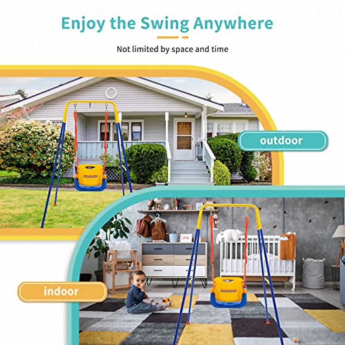 3-in-1 Toddler Swing, Swing Set with Foldable Metal Stand and Safety Belt, Baby Swings Outdoor & Indoor for Infants to Toddler, Baby Infant Swing for Swingset, Indoor Swing for Kids 6 Month+