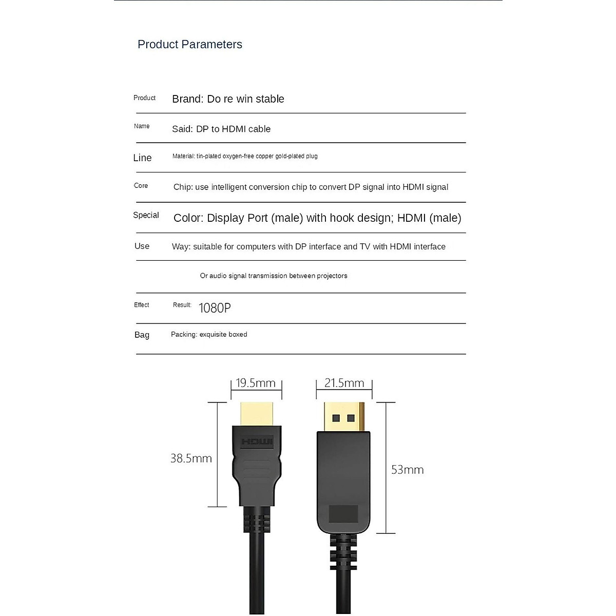 Sheng Jie Dp to Hdmi Adapter Displayport Interface Hd Cable Desktop Computer Host Graphics Card Converter to Monitor Video Cable Adapter Cable 4k60hz Male to Female
