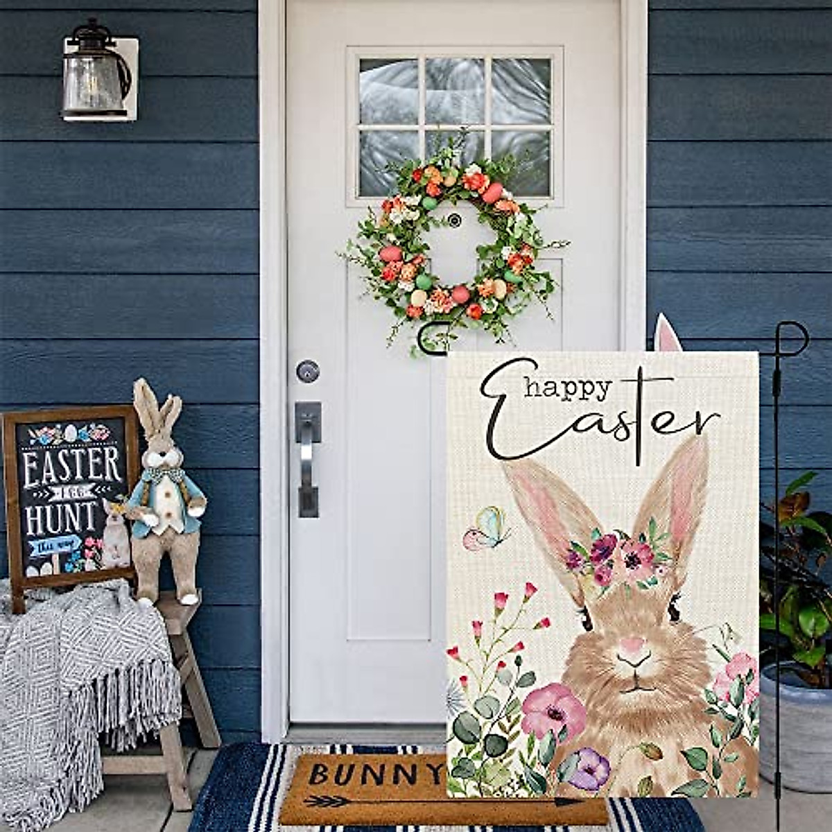 CROWNED BEAUTY Happy Easter Bunny Garden Flag Floral 12X18 Inch Small Double Sided for Outside Burlap Yard Holiday Decoration CF761-12