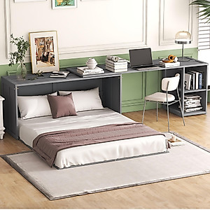 Bellemave Queen Size Murphy Bed with Rotatable Desk, Grey Wooden Cabinet & Workstation, Space Saving Design