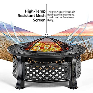 Giantex 3 in 1 Fire Pit, 32" Outdoor Wood Burning Fire Pit, Multifunctional Round Firepit Stove, Metal Firebowl with Cover, Portable Fire Pit for Outside Heating, Bonfire, Picnic, Grill