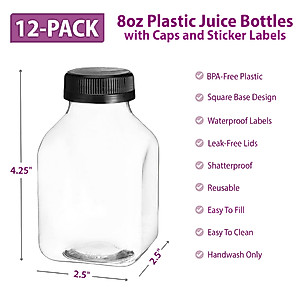 DilaBee Plastic Juice Bottles with Caps - 12 Pack 8oz Small Reusable Water Bottles with Lids for Juicing - Clear Mini Drink Containers for Fridge with Black Tamper Evident Seal