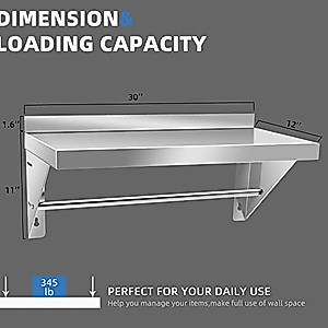 HXCFYP Stainless Steel Shelf 12 x 30 Inches 280 lb, NSF Commercial Wall Mount Floating Shelving for Restaurant, Kitchen, Home and Hotel