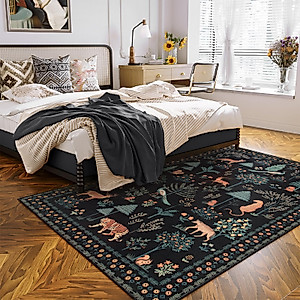 Lahome Jungle Animal Black Living Room Rug, 5x7 Washable Area Rug Soft Large Rugs for Bedroom Aesthetic, Modern Tree Classroom Playroom Rug Stain Resistant Carpet for Nursery Office Dorm, Black