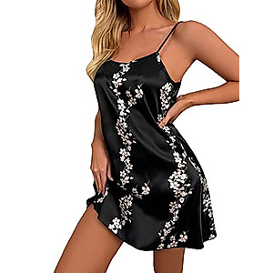 Floerns Women's Sleeveless Floral Print Spaghetti Strap Satin Chemise Nightgown Black L
