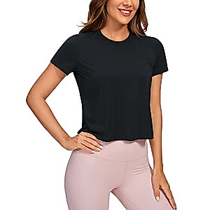 CRZ YOGA Women's Pima Cotton Short Sleeve Crop Tops High Neck Cropped Workout Tops Yoga Athletic Shirts Casual T-Shirt Black Medium