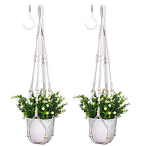 YIBOT 2 Pack Macrame Plant Hanger Indoor Hanging Planter Basket with Wood Beads Decorative Flower Pot Holder No Tassels for Indoor Outdoor Boho Home Decor 35 Inch, Ivory