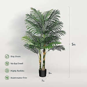 Kazeila Artificial Golden Cane Palm Tree, 5FT Fake Tropical Palm Plant, Pre Potted Faux Greenry Plant for Home Decor Office House Living Room Indoor