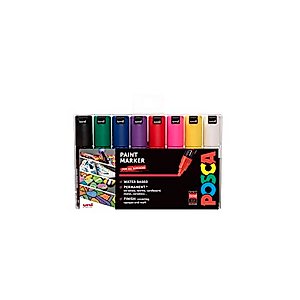 posca PC-7M Permanent Marker Paint Pens. Broad Bullet Tip for Art & Crafts. Multi Surface Use On Wood Metal Paper Canvas Cardboard Glass Fabric Ceramic Rock Pebble Stone Porcelain. Set of 8 Colours