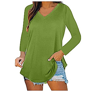 Womens Casual Long Sleeve Tunic Shirts Round Neck Button Side Blouses Tops Womens Tops Dressy Casual 3/4 Sleeve V Neck Green