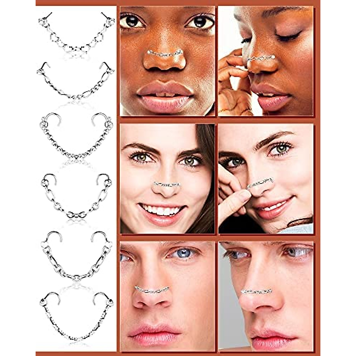 MTLEE Nose Ring Nose Chain Piercing Across Double Nose Stud Chain Jewelry CZ Heart Ball l Shaped Stainless Steel Nose Piercing Stud Nostril Jewelry for Women Men(Silver,1.5 Inch)