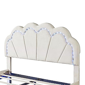 Full Size Upholstered Smart LED Bed with Elegant Flowers Headboard, Floating Velvet Upholstered Bed with Wooden Slats Support, Upholstered Smart LED Bed Frame for Kids Teens Boys Girls (Beige-ZC8S)