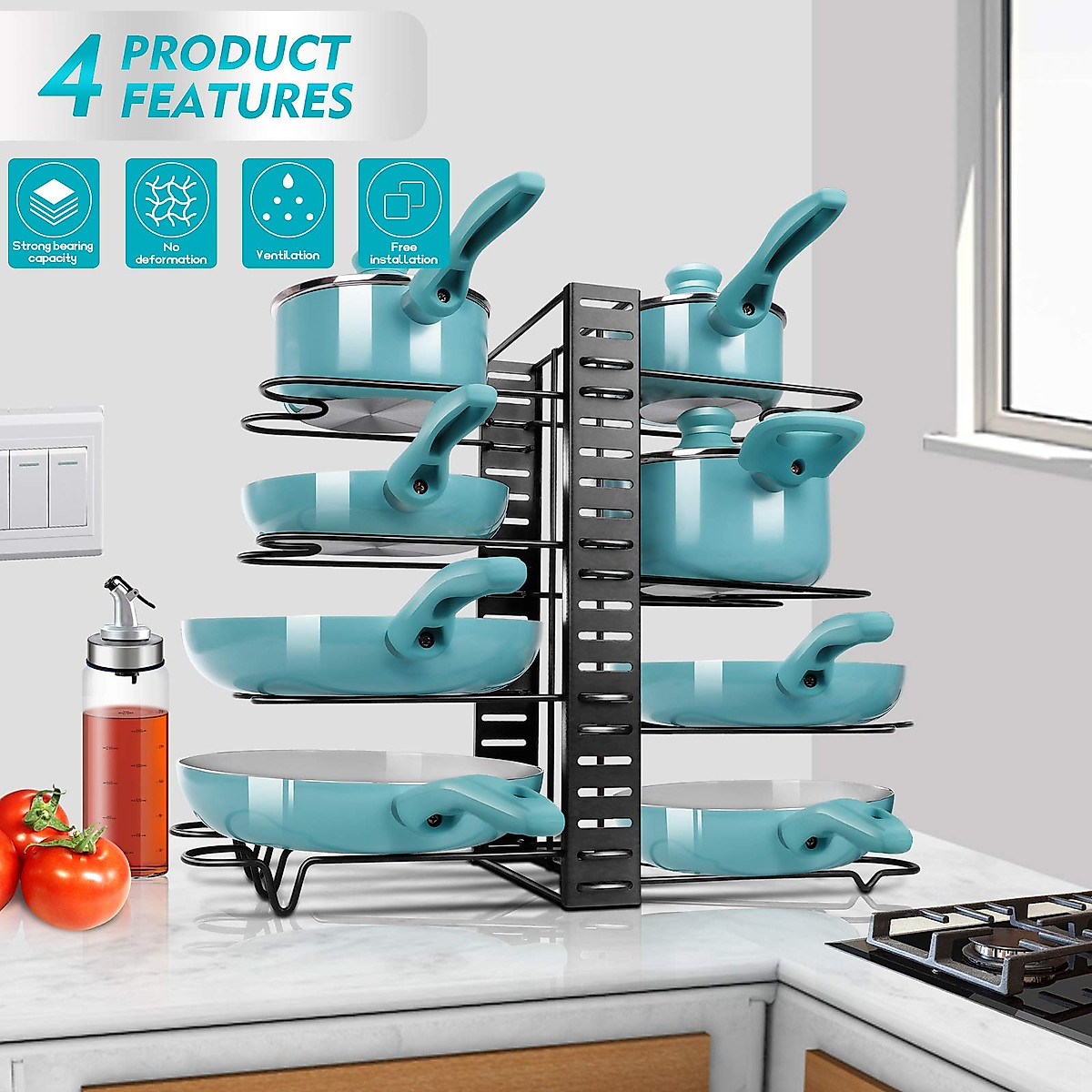 Kphico Pots and Pans Organizer,Pot Rack with 3 DIY Methods,Adjustable Pan Organizer Rack with 8 Tiers,Non-Slip Pan Pot Rack for Kitchen Cabinet Organizer and Storage,Send 1 PCS Cleaning Cloth