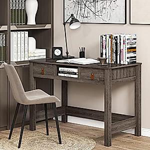 Tangkula Mid-Century Computer Desk with 2 Storage Drawers, Modern Home Office Desk with Storage Cubby, Study Writing Desk, Compact Laptop PC Desk Workstation, Wooden Vanity Desk for Bedroom (Grey)
