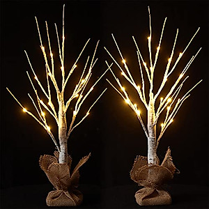 Lighted Birch Tree, 2pcs 24”H Tabletop Tree Light with Burlap Decor, Pre-Lit 24 LED Warm White Lights, Timer Function, Money Tree Perfect for Spring Home Centerpiece Decor, Indoor&Outdoor Use