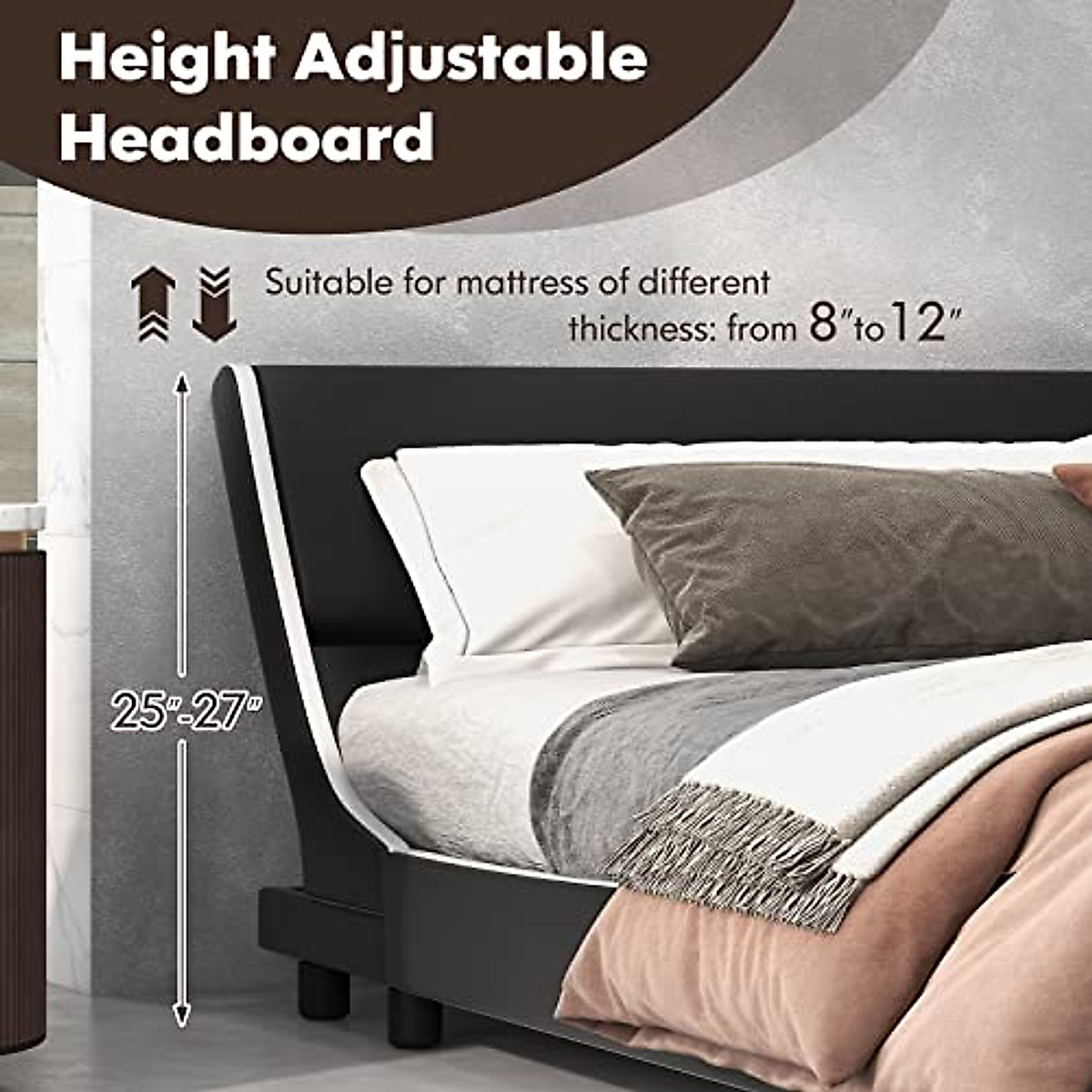 GOFLAME King Bed Frame, Modern Upholstered Platform Bed with Adjustable Headboard, Solid Wooden Slat Support, Faux Leather Luxury Reclining Bed Frame, No Box Spring Needed