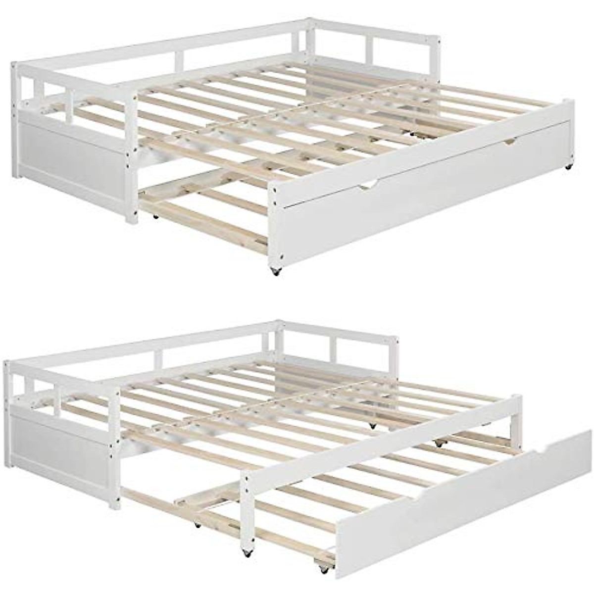 MERITLINE Daybed with Trundle,Twin to King Trundle Bed Extendable Design, Wooden Daybed/Sofa Bed for Bedroom Living Room,No Box Spring Needed,White