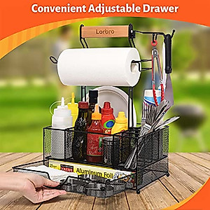 Lorbro Large Grill Utensil Caddy with Drawer, Picnic Camping Caddy with Paper Towel Holder, BBQ Organizer for Grilling Tool, Ideal Organizer for Picnic Condiment and Outdoor Griddle Accessories