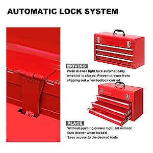 BIG RED ANTBD133-XB Torin 20" Portable 3 Drawer Steel Tool Box with Metal Latch Closure, Red