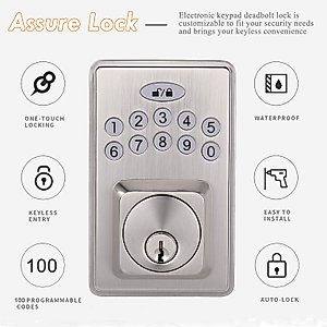 Probrico Keypad Lock, Electronic Deadbolt, Keyless Entry Door Lock with 100 Codes, Single Cylinder Smart Deadbolt Lock with Auto-Lock and Back-Lit, Easy to Install, Satin Nickel
