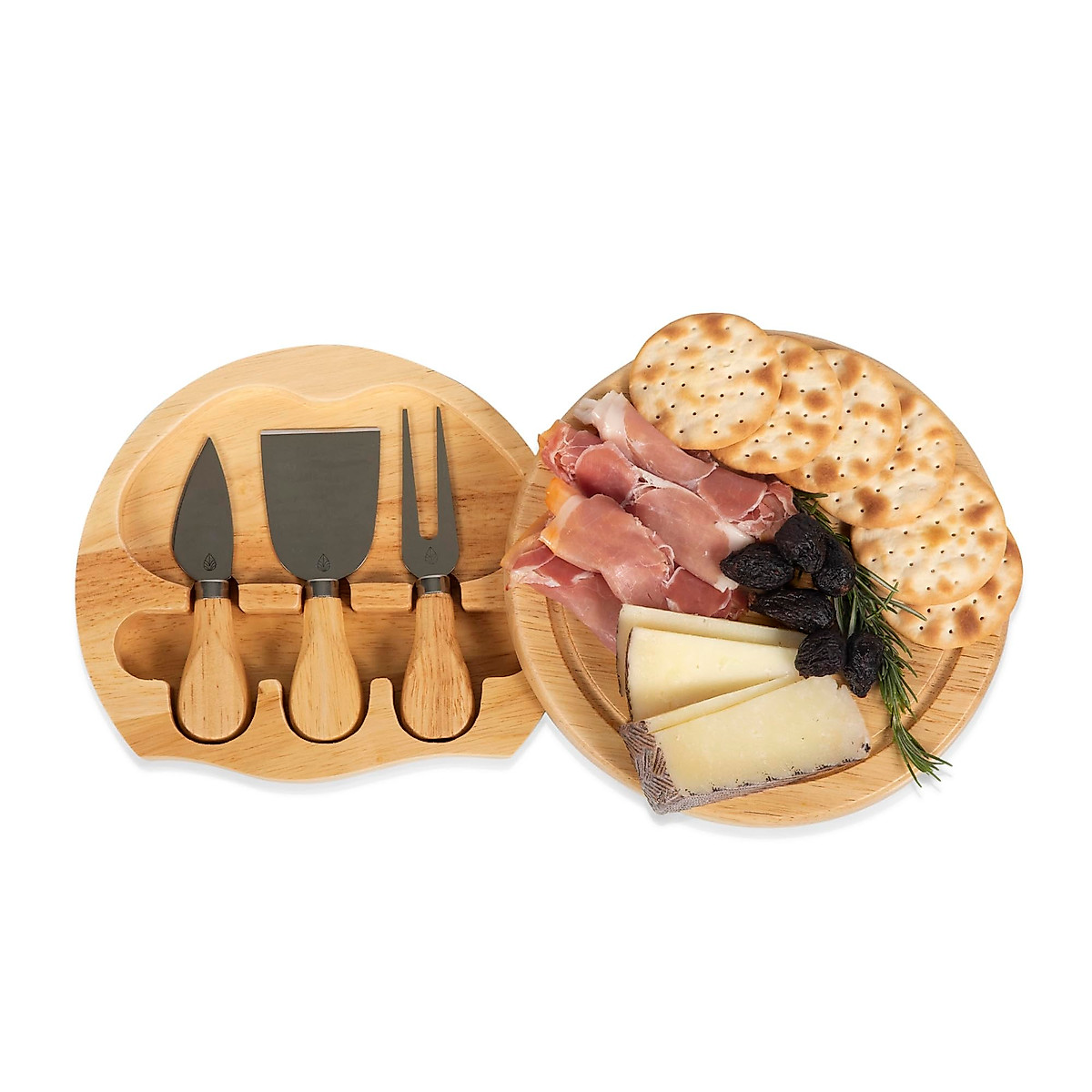 PICNIC TIME Circo Brie Cheese Knife, Charcuterie, Wood Cutting Board, 7.5" Diameter - 4 Piece Set, Parawood