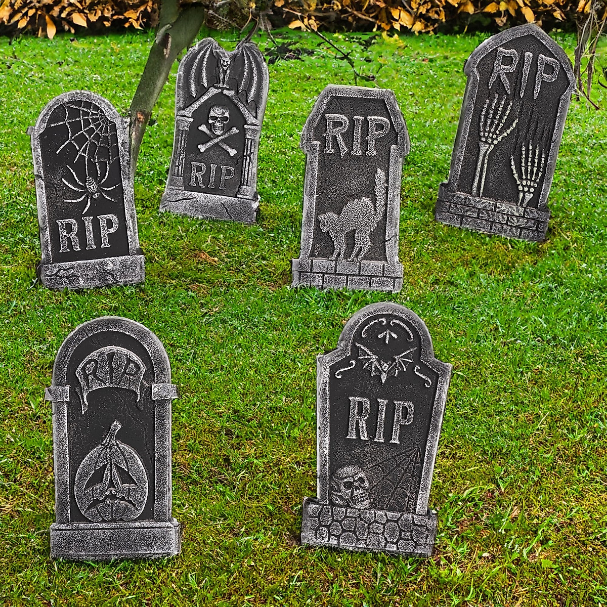 Hourleey Halloween Foam RIP Tombstones, 6 Pack 15" Graveyard Headstone Decorations Outdoor for Halloween Lawn Yard Garden Tombstone Decor