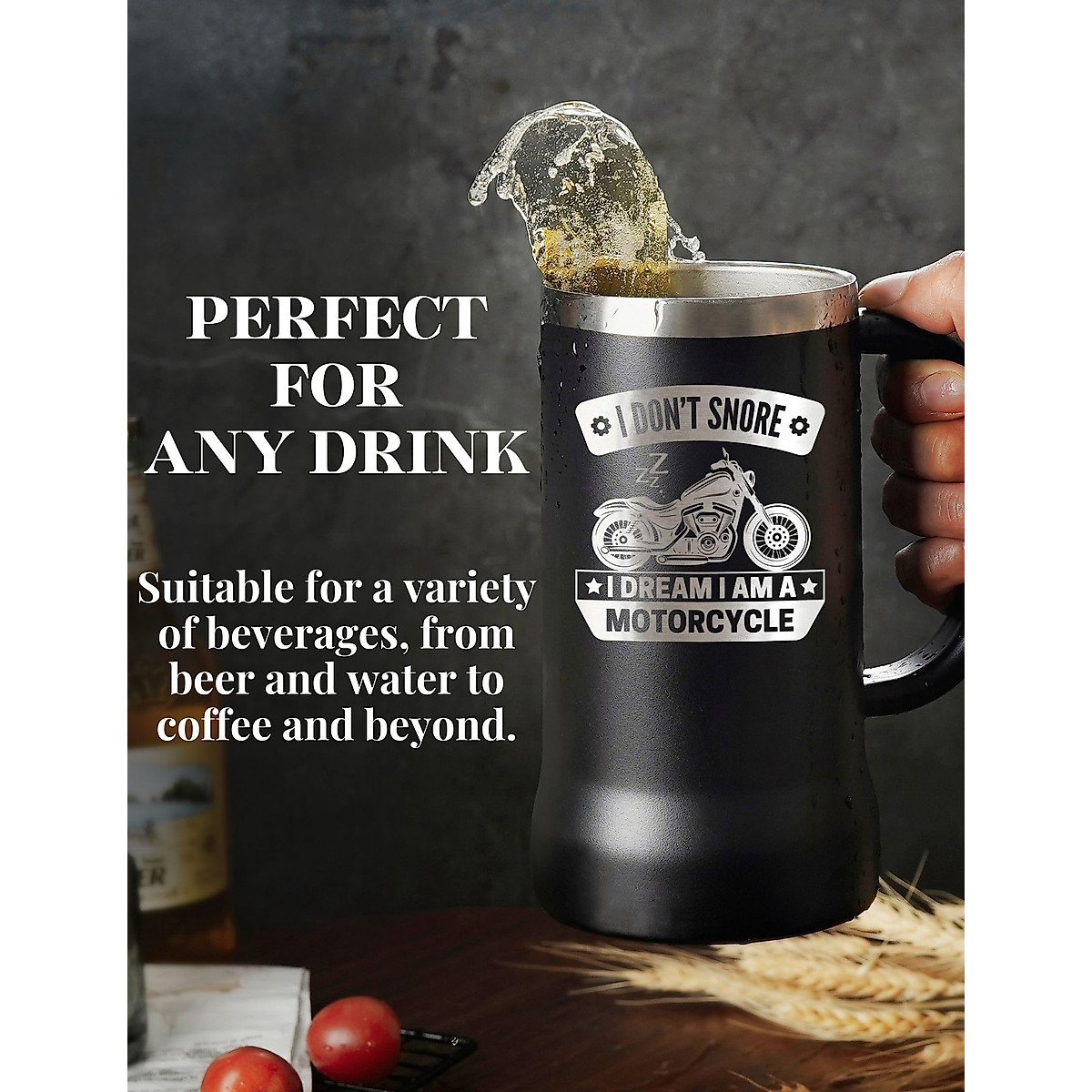 Onebttl Motorcycle Gifts for Men, I Don't Snore I Dream I'm a Motorcycle, Stainless Steel Beer Stein Tumbler, 24oz Beer Mug with Lid