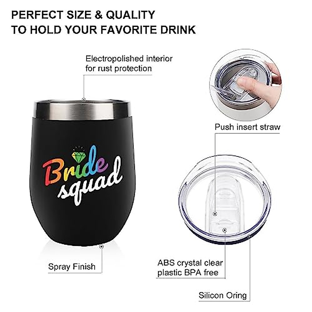 Mighun LGBT Pride Gay Lesbian Wine Tumbler with Lid Bride Squad Rainbow Lgbtq Vacuum Coffee Tumbler Stainless Steel Coffee Cup for Cold & Hot Drinks Wine Coffee Cocktails Beer 12 Oz