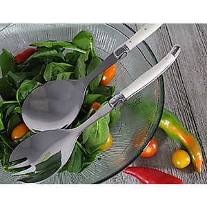 French Home Recycled Glass Birch Salad Bowl and Laguiole Servers with Faux Ivory handles.