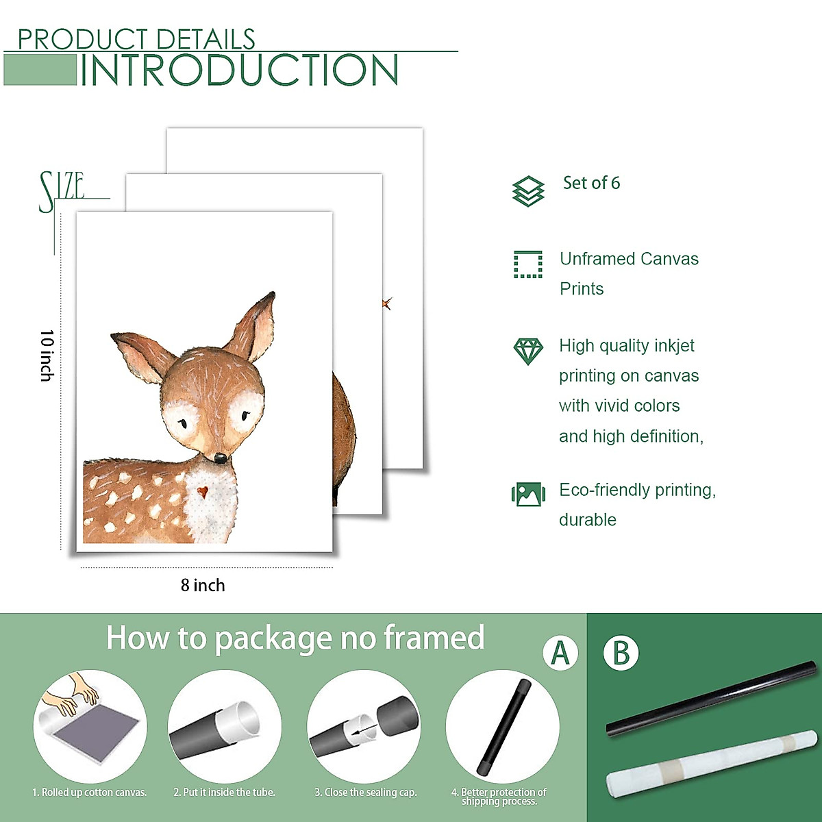 6 Pieces Woodland Animals Nursery Canvas Wall Art Cute Safari Jungle Animal Deer Bear Bunny Pictures Baby Room Posters Farmhouse Forest Theme Fox Squirrel Raccoon Prints Decor 8x10in Unframed