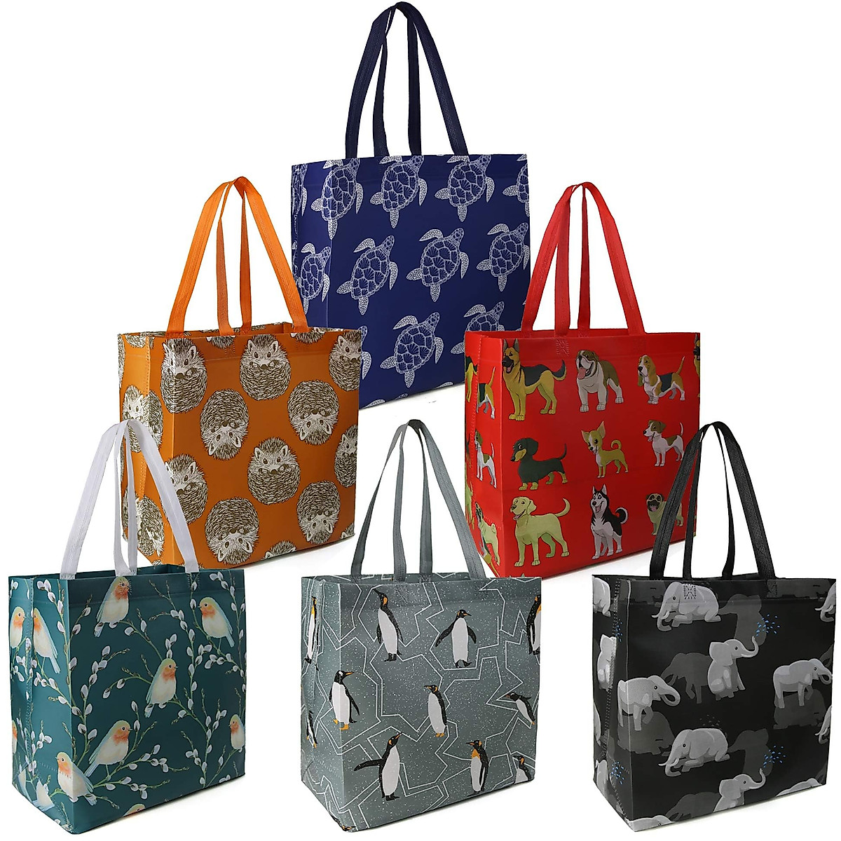 BeeGreen Animal Reusable Grocery Bags - W13*H13*D7 6 Packs Lightweight Shopping Totes with Long Handles, Water Resistant,Durable and Portable - Perfect for Groceries, Supermarket, Gifts, and More