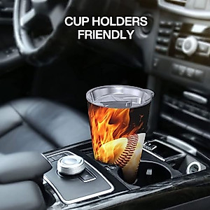 Fire Baseball Tumbler with Lid and Straw 20oz Stainless Steel Car Cup for Hot and Cold Drinks, Double Wall Insulated Travel Coffee Mug Reusable Drink Thermos Cup Birthday Gifts