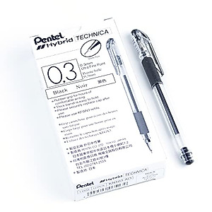 Pentel Arts Hybrid Technica 0.3 mm Pen, Ultra Fine Point, Black Ink, Box of 12 (KN103-A)