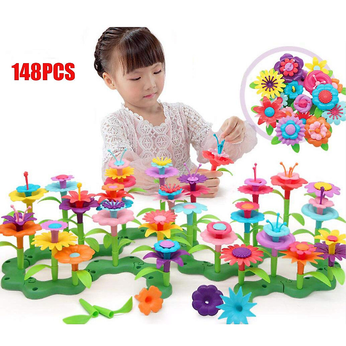 LVEA Build-a-Bouquet Floral Arrangement Playset - BPA Free, Phthalates Free, Creative Play Toys for Gross Motors, Fine Motor Skill Development. Toys and Games (148PCS)