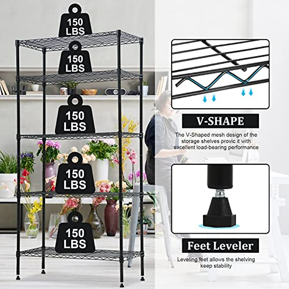 Better Choicet 5 Tier Wire Shelving Unit, Heavy Duty Storage Unit Metal Organizer Rack, Height Adjustable Shelf Standing with Wheels for Kitchen Bathroom Garage,14'' D x 24'' W x 60'' H, Black