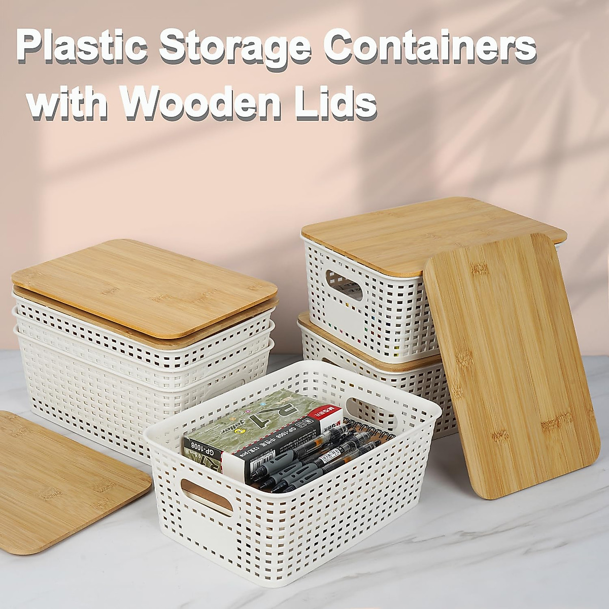 UHAPEER 6 PCS Storage Bins with Bamboo Lids Plastic Baskets Plastic Storage Containers for Organizing Stackable Storage Box with Handle for Shelves Drawers Desktop Closet Classroom Office（White）