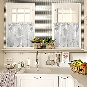OneHoney Marble Texture Kitchen Curtains Tiers and Valances Set 3 Piece for Windows, Modern White Granite with Gold Lines Rod Pocket Small Window Panels for Living Room Bedroom Bathroom Cafe