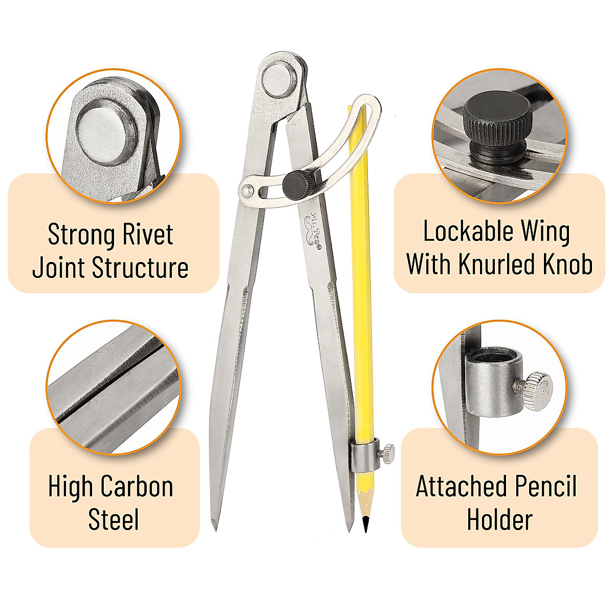 Mr. Pen- Professional Compass for Woodworking, 8 Inch Compass with Wing, Large Compass for Geometry, Compass Drawing Tool, Woodworking Compass, Pencil Compass for Carpenter, Drafting, Drawing Compass