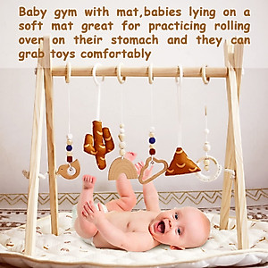 PgUp Wooden Baby Play Gym with Rainbow Mat, Foldable Baby Gym with Soft Playmats & 6 Hanging Toys for Baby Play & Learn, Toddler Activity Center Wooden Play Gym Newborn Gift for Baby Girls and Boys