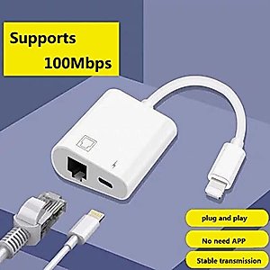 Apple MFI Certified Lightning to Ethernet Adapter for iPhone,2 in 1 LAN Ethernet Network to Lightning Adapter for iPhone 14/13/Pro Max/12/11/XS/XR/X/8/7/6/5 iPad 100Mbps Cat 8 7 6