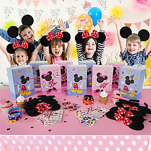 120 Pack Mouse Party Favor Set Cartoon Mouse Theme Party Supplies Includes Party Bags Keychain Silicone Bracelet Nail Stickers Headbands Shoe Decor Perfect for Kids Birthday and Classroom Game Rewards