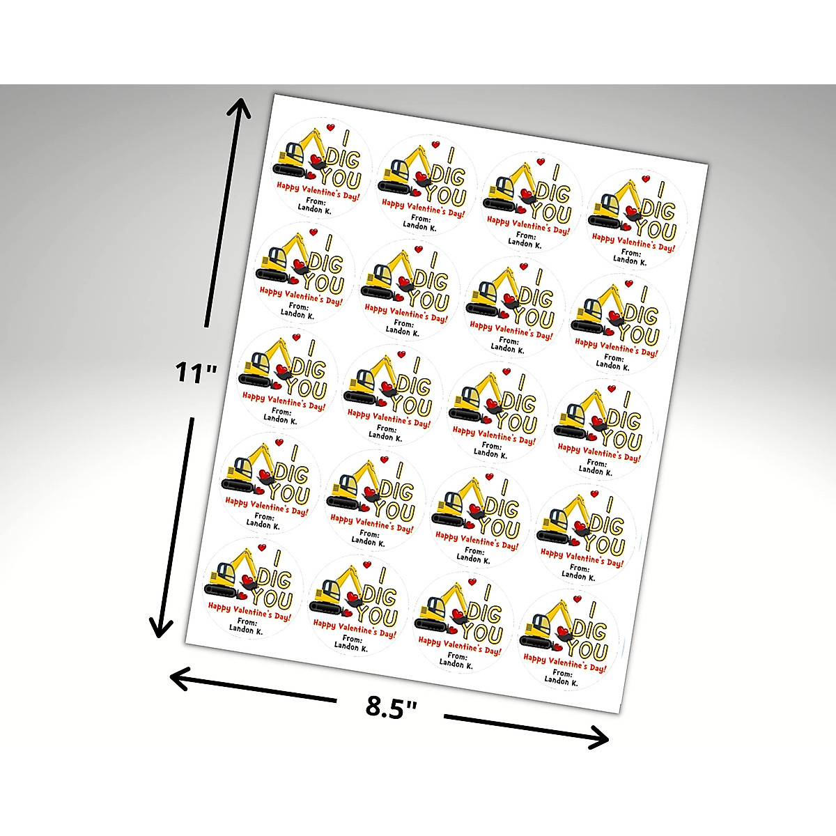 Personalized Construction Digger Valentine's Day Stickers for Kids 20-Count, 2 inch, Custom Classroom Valentines Favor for Boys, Happy Valentine's Day Labels