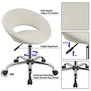 Duhome PU Leather Working Stool, Adjustable Swivel Task Computer Chair with Wheels, White Massage Salon Facial Spa Medical Chair Stool with Backrest
