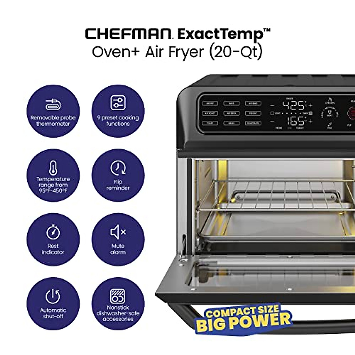 Chefman Air Fryer Toaster Oven Combo with Probe Thermometer, 12-In-1 Stainless Black Convection Oven Countertop, 10 Inch Pizza, 4 Slices of Toast, Cooking, Baking, Toasting, Roaster Oven Airfryer 20QT